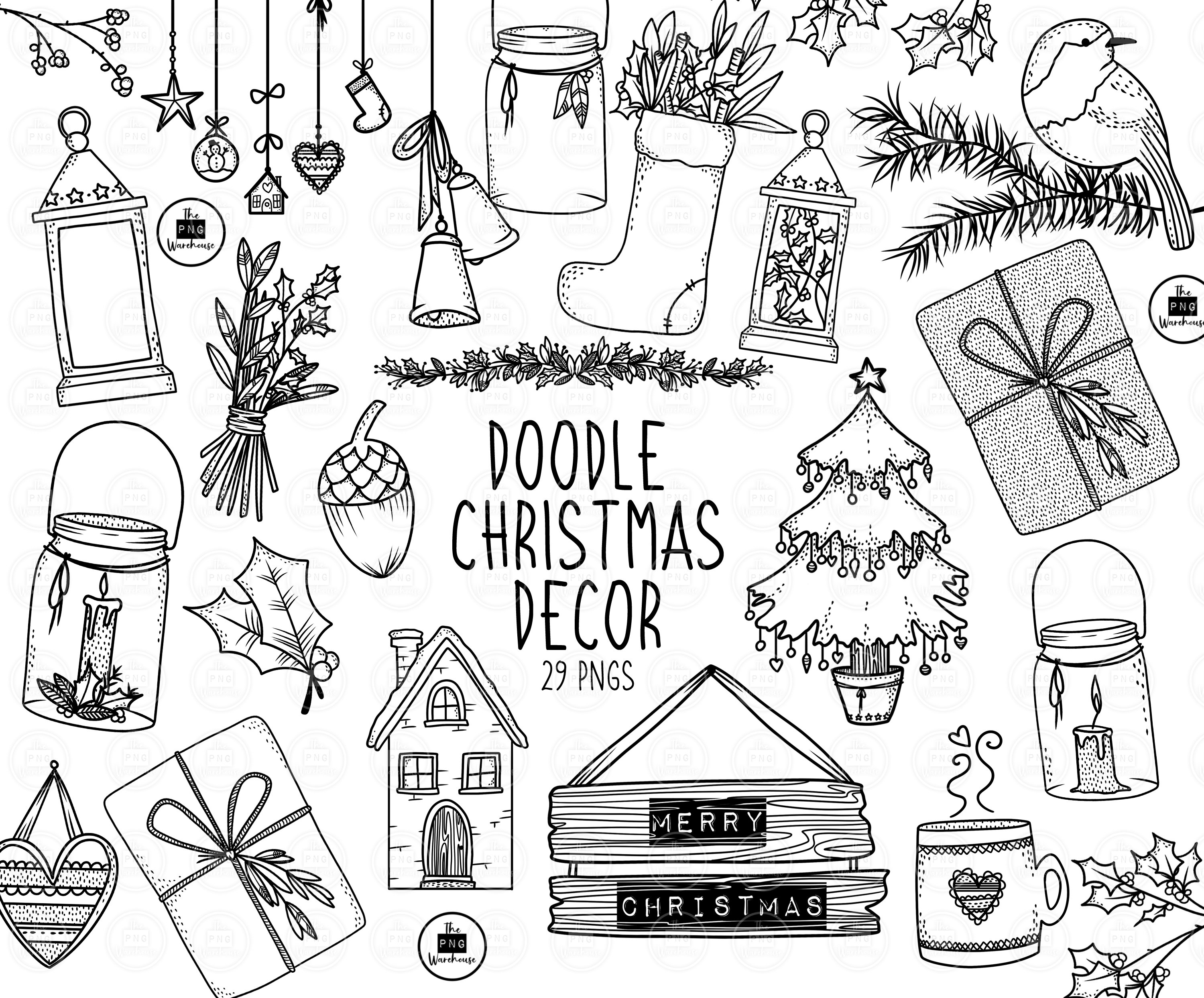 DOODLE CHRISTMAS Lineart Elements 29 Png Clip Art Designs - Etsy
