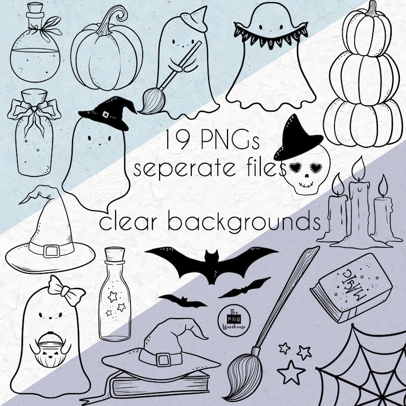HAPPY HALLOWEEN Lineart Elements - 19 Png Clip Art Designs - Instant ...
