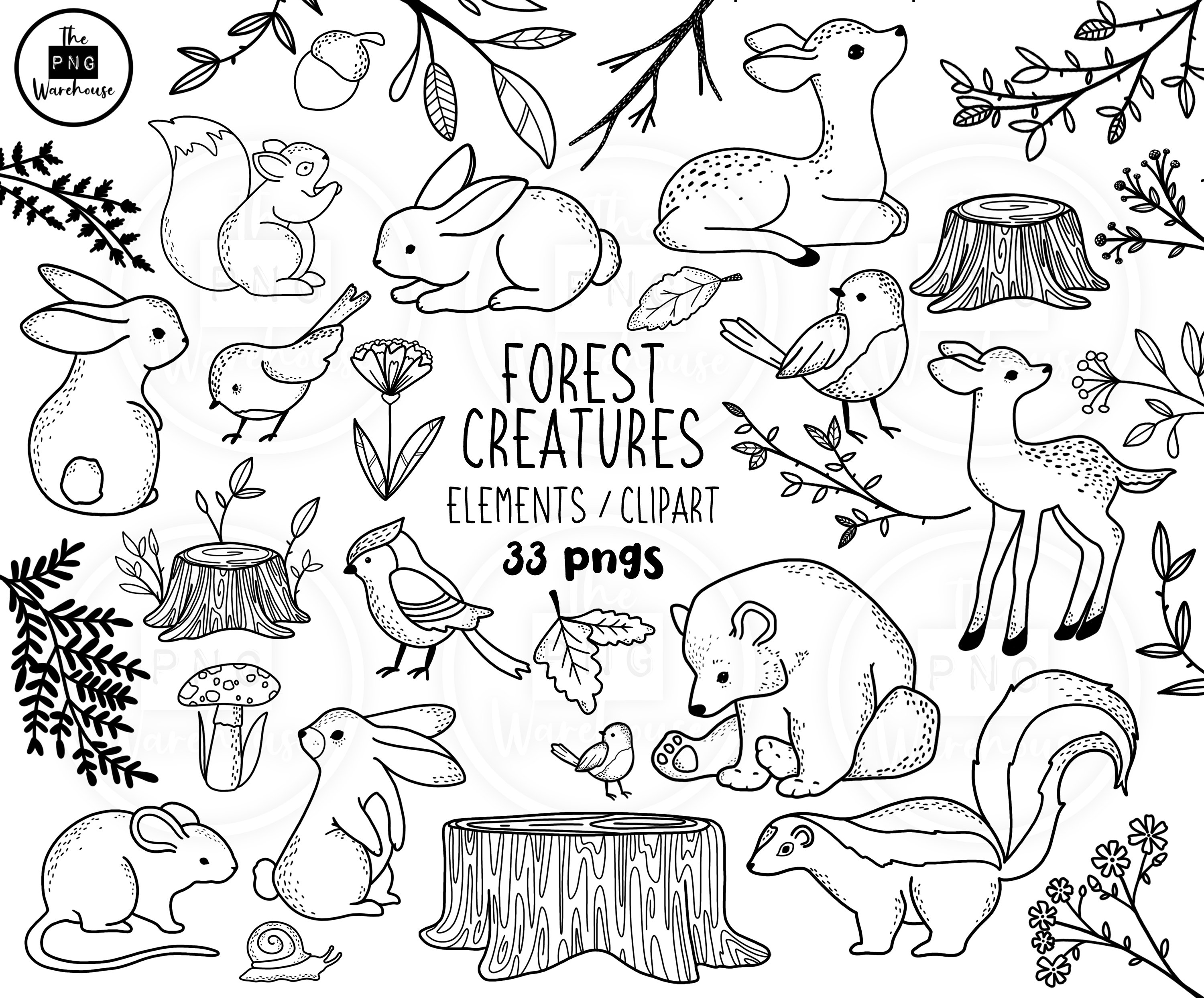 FOREST CREATURES Lineart Elements - 33 Png Clip Art Designs - Instant ...