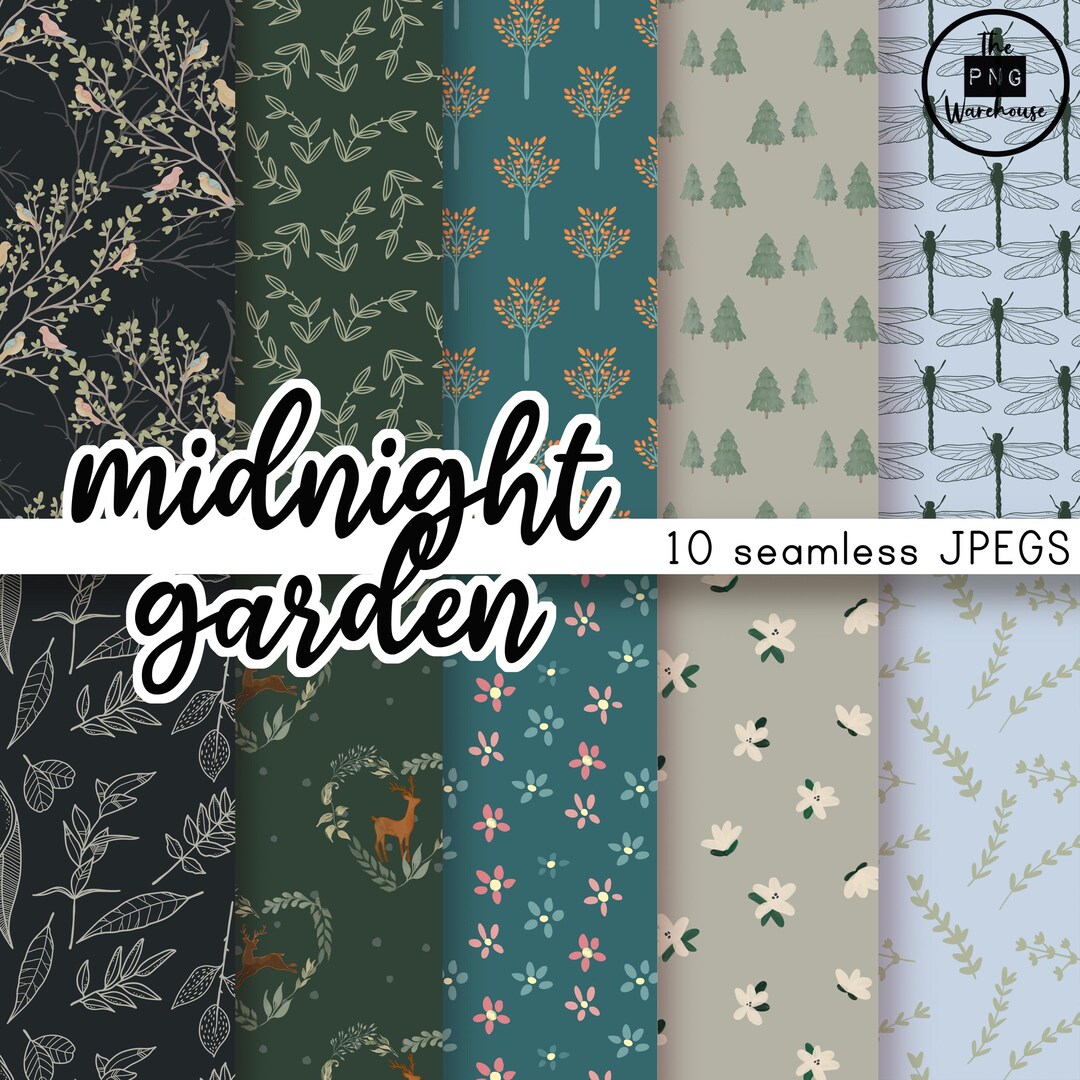 Midnight Garden Patterns – Dark Green & Moody Blue Seamless Botanical ...