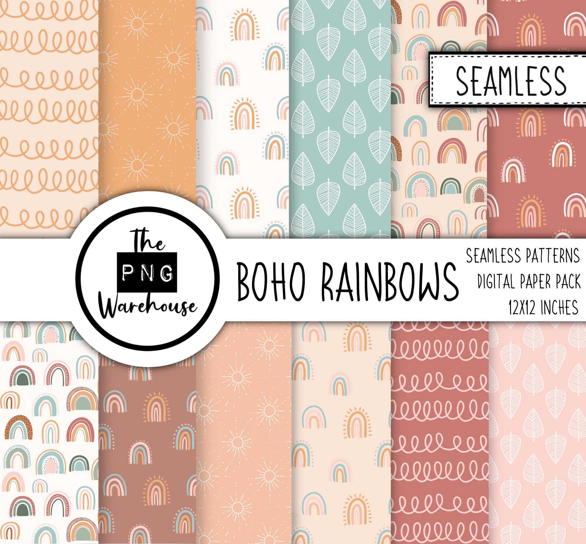 Printing & Printmaking Boho Rainbow Background Digital Paper Pack BOHO ...