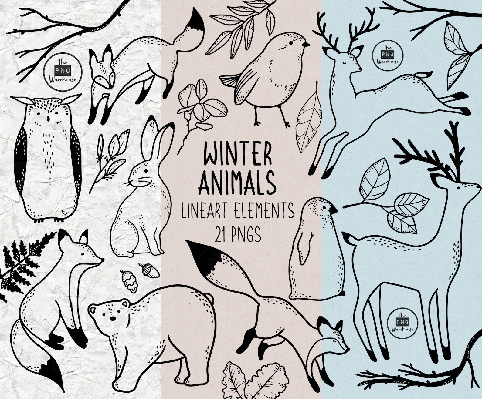 WINTER ANIMALS Lineart Elements 21 Png Clip Art Designs - Etsy