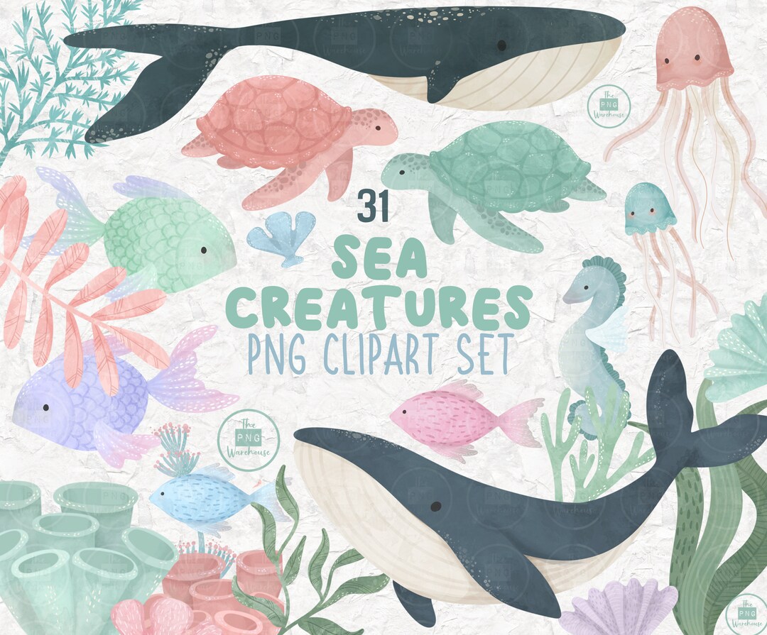 SEA CREATURES Clip Art Set - 31 Pngs - Instant Download - 300dpi - Clip ...