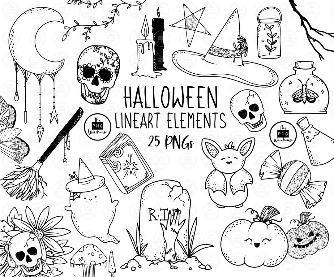 HALLOWEEN Lineart Elements - 25 Png Clip Art Designs - Instant Download ...