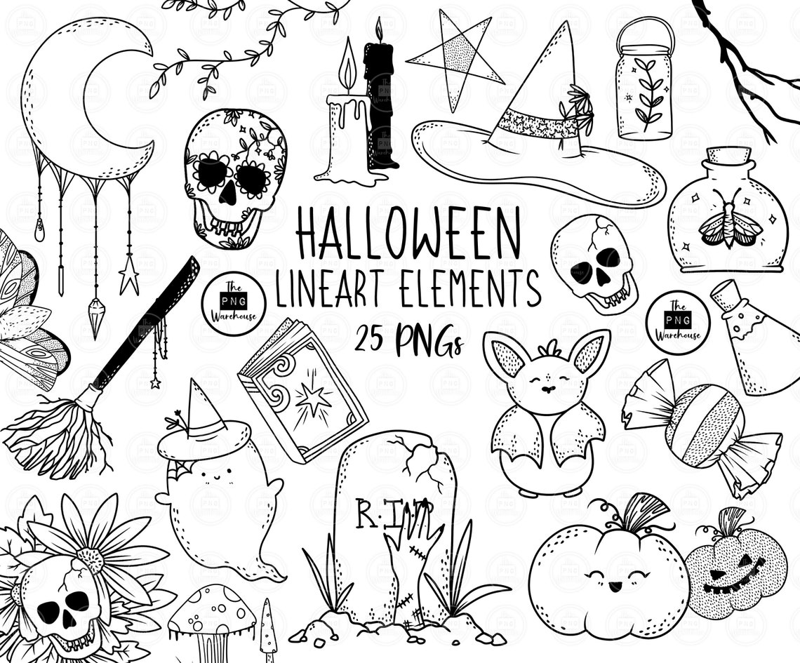 HALLOWEEN Lineart Elements 25 Png Clip Art Designs Instant | Etsy