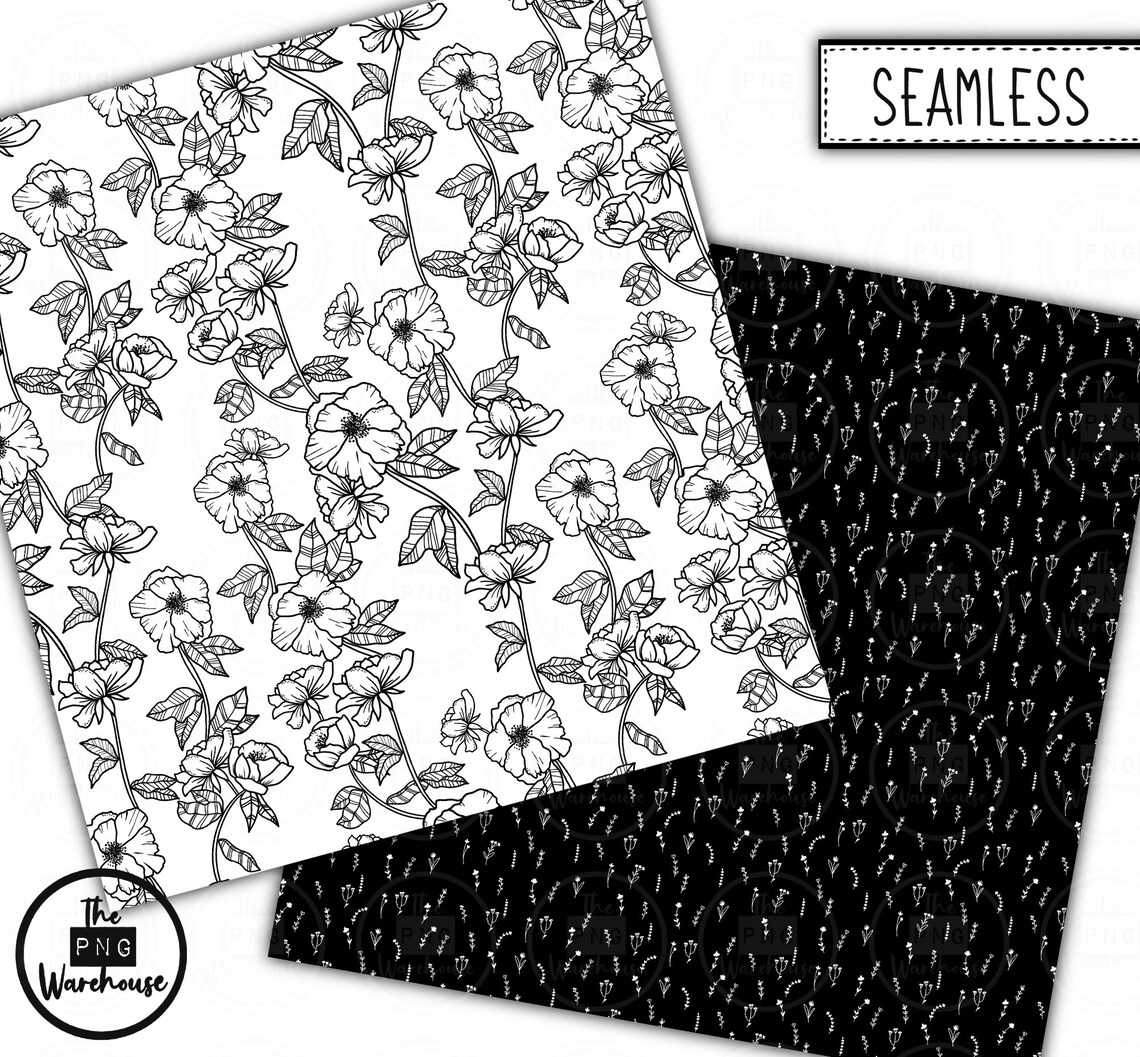BLACK and WHITE FLORALS Digital Paper Pack 12 Jpegs - Etsy