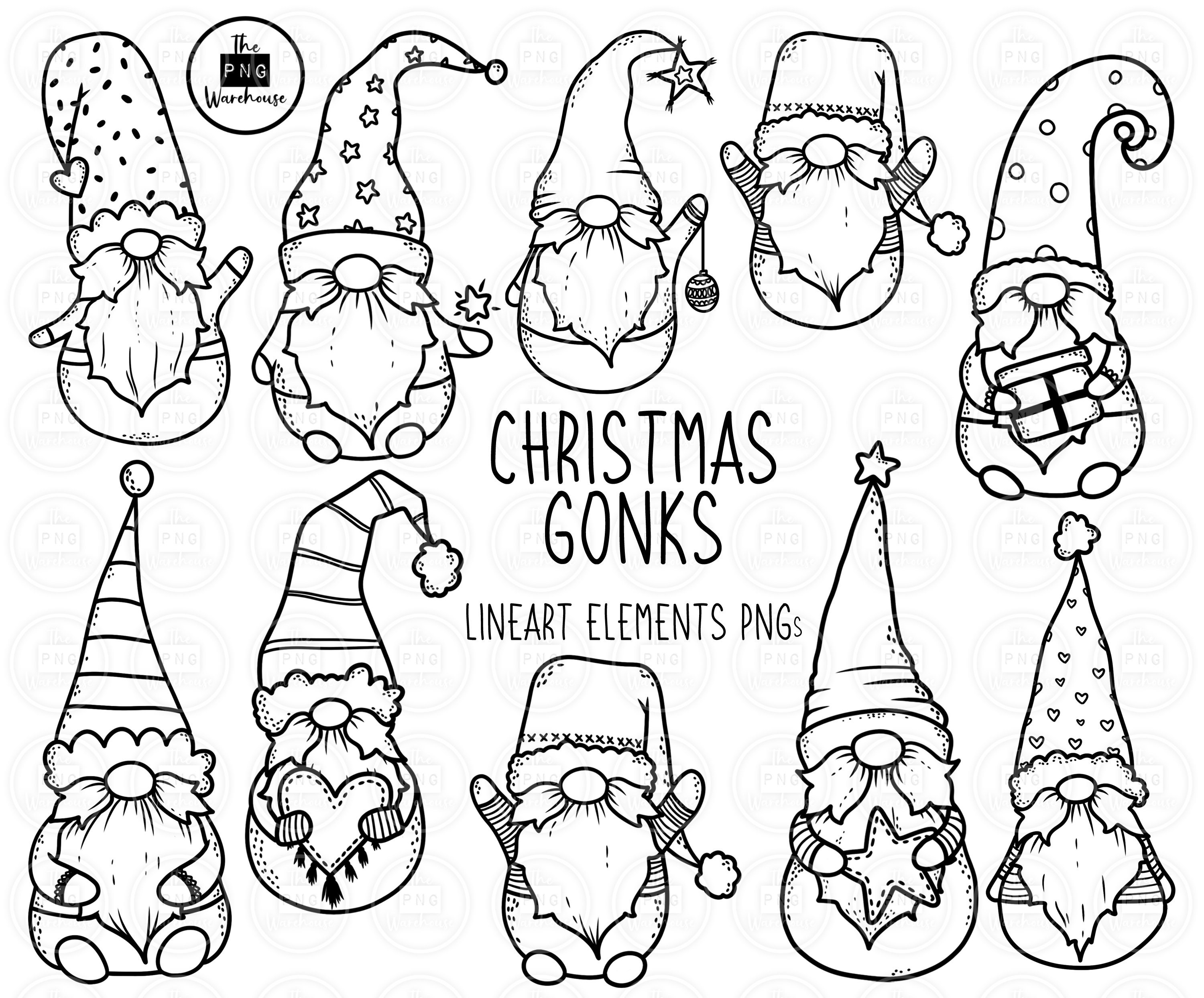 CHRISTMAS GONKS Lineart Elements 10 PNG Clip Art Designs | Etsy