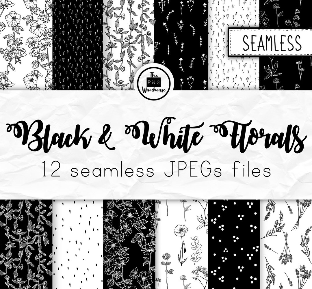 BLACK and WHITE FLORALS Digital Paper Pack 12 Jpegs - Etsy