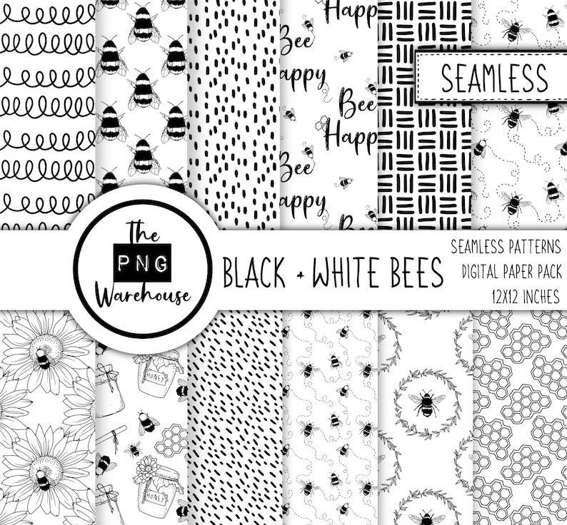 BLACK and WHITE BEES Digital Paper Pack 12 Jpegs Instant - Etsy