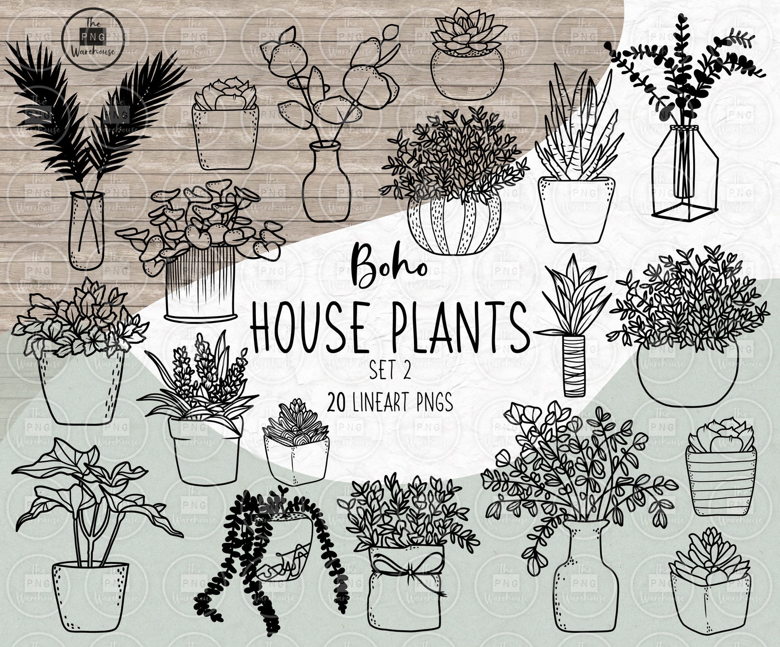 BOHO HOUSE PLANTS Lineart Elements 20 Png Clip Art Designs | Etsy