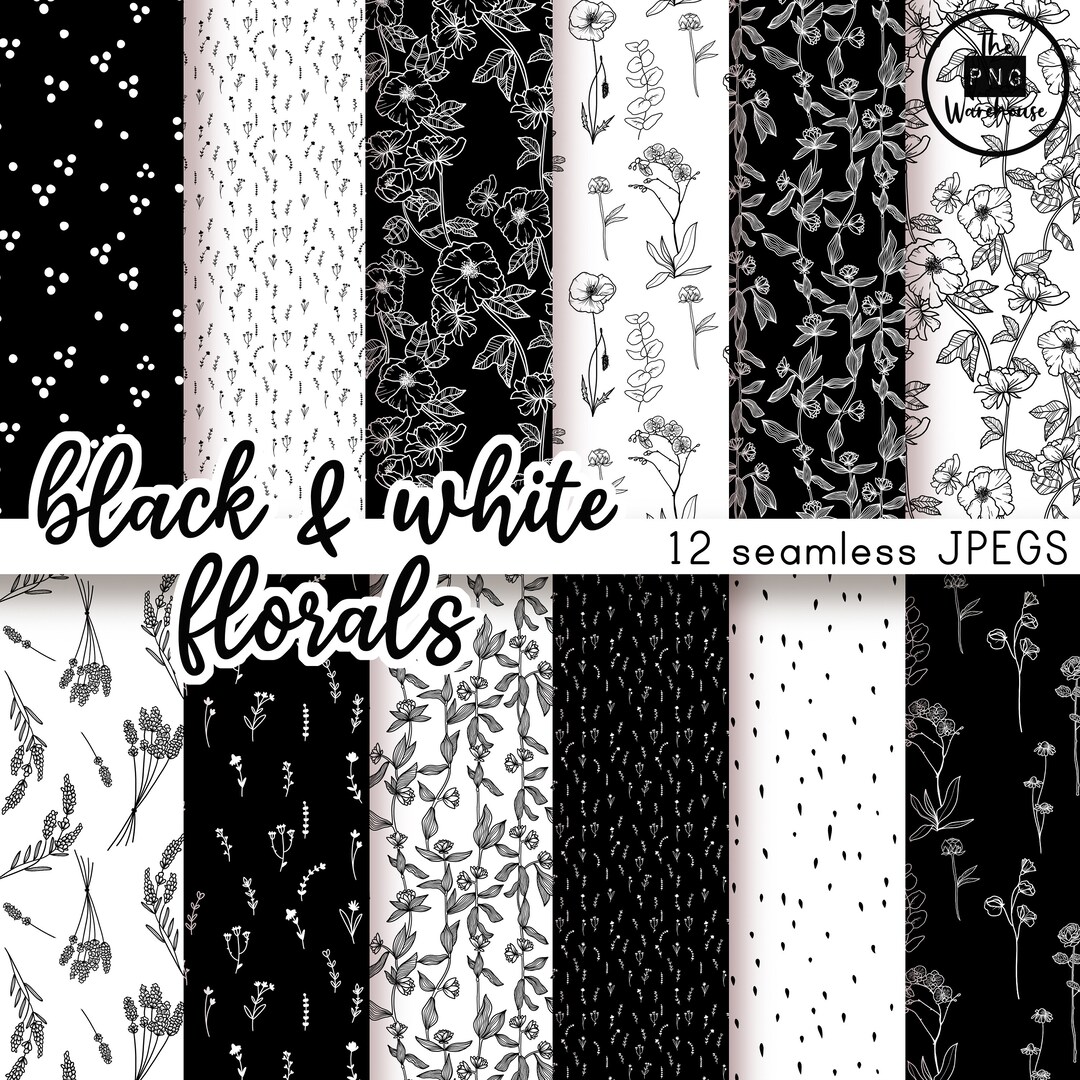 BLACK and WHITE FLORALS - Digital Paper Pack - 12 Jpegs - Instant ...