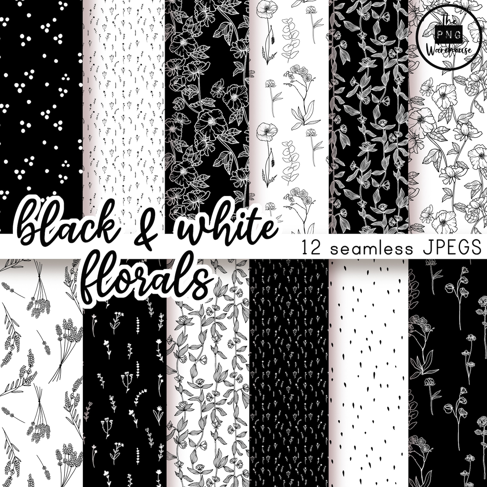 BLACK and WHITE FLORALS - Digital Paper Pack - 12 Jpegs - Instant ...