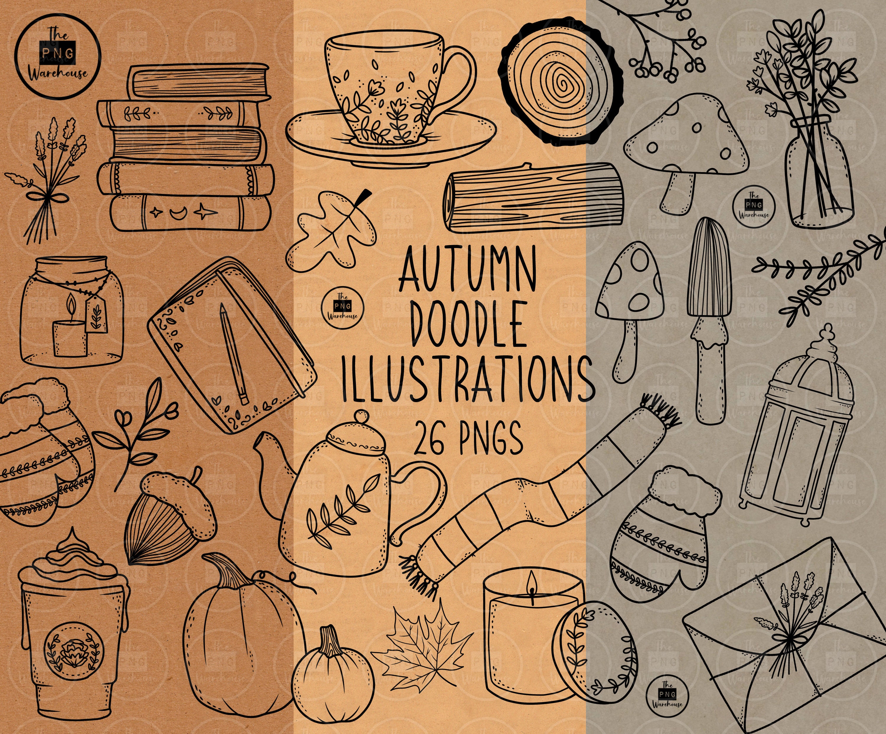 AUTUMN DOODLES Lineart Elements 29 Png Clip Art Designs | Etsy