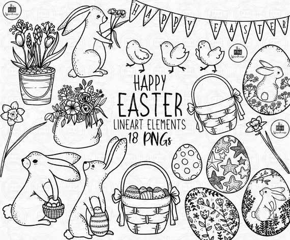 HAPPY EASTER Lineart Elements 19 Png Clip Art Designs - Etsy