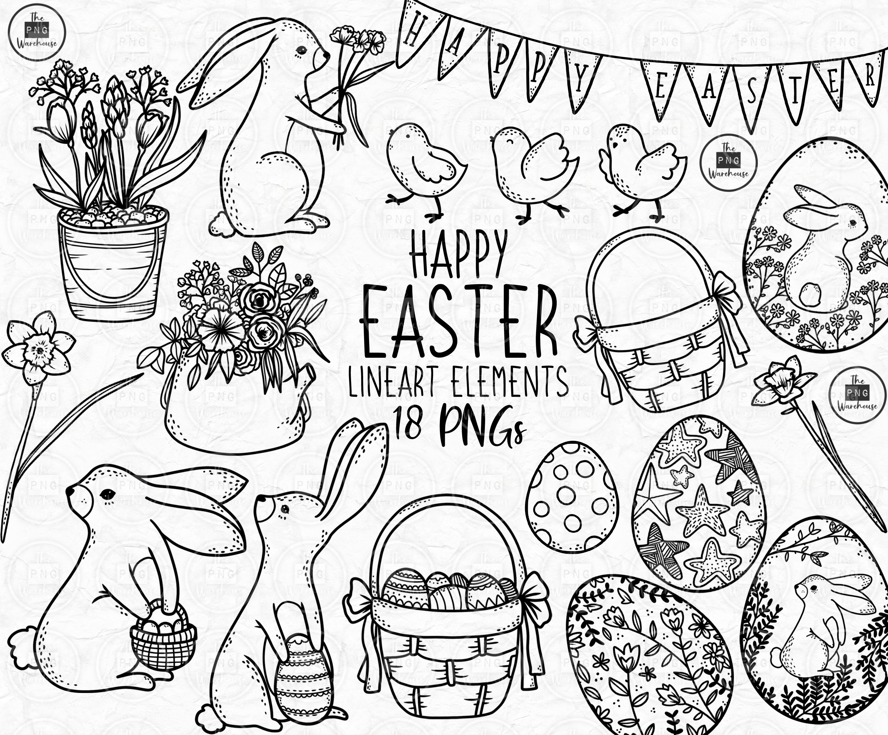 HAPPY EASTER Lineart Elements - 19 Png Clip Art Designs - Instant ...