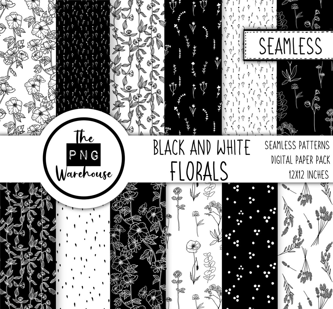 BLACK and WHITE FLORALS Digital Paper Pack 12 Jpegs | Etsy