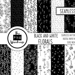 BLACK and WHITE FLORALS Digital Paper Pack 12 Jpegs | Etsy