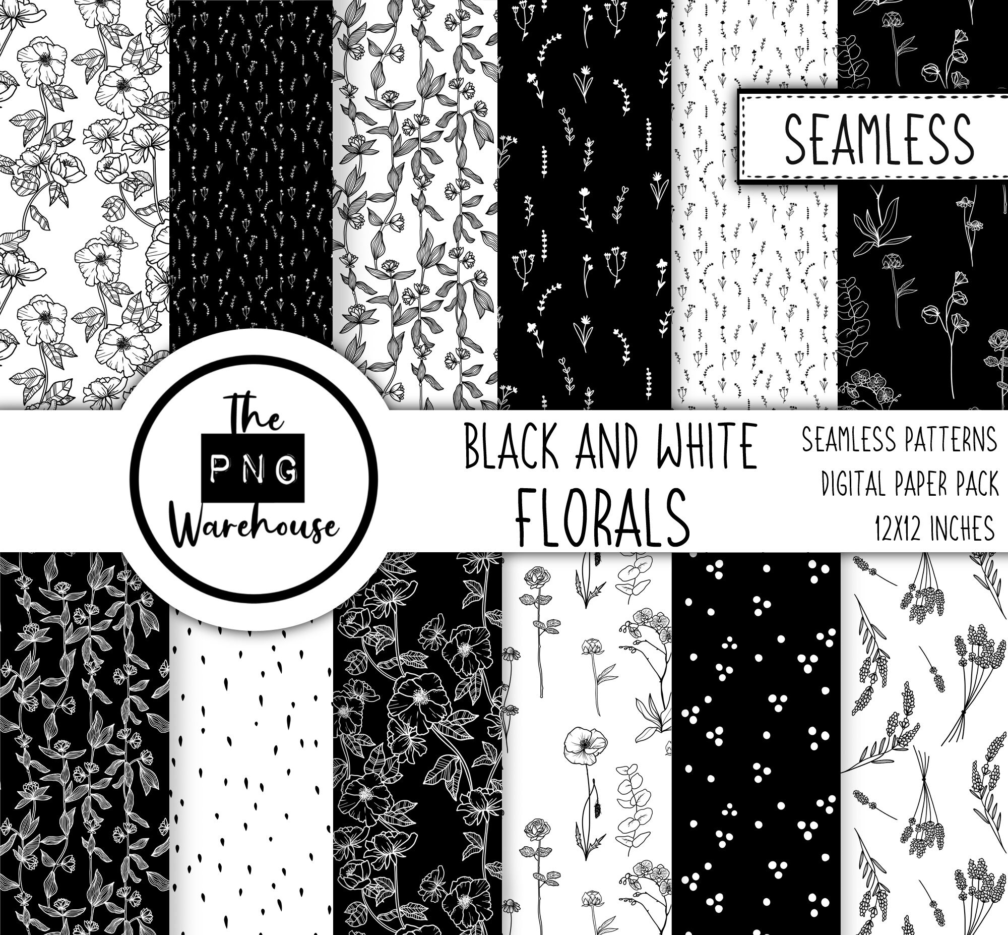BLACK and WHITE FLORALS Digital Paper Pack 12 Jpegs | Etsy