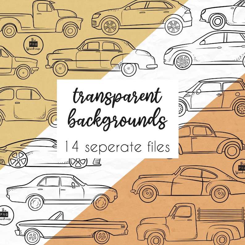 CARS and TRUCKS Lineart Elements - 14 Png Clip Art Designs - Instant ...