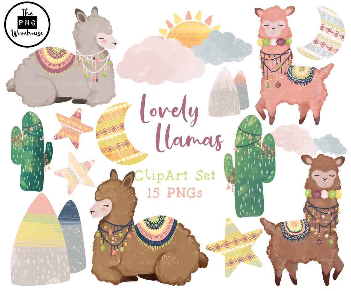 LOVELY LLAMAS CLIPART 15 Pngs Instant Download 300dpi | Etsy