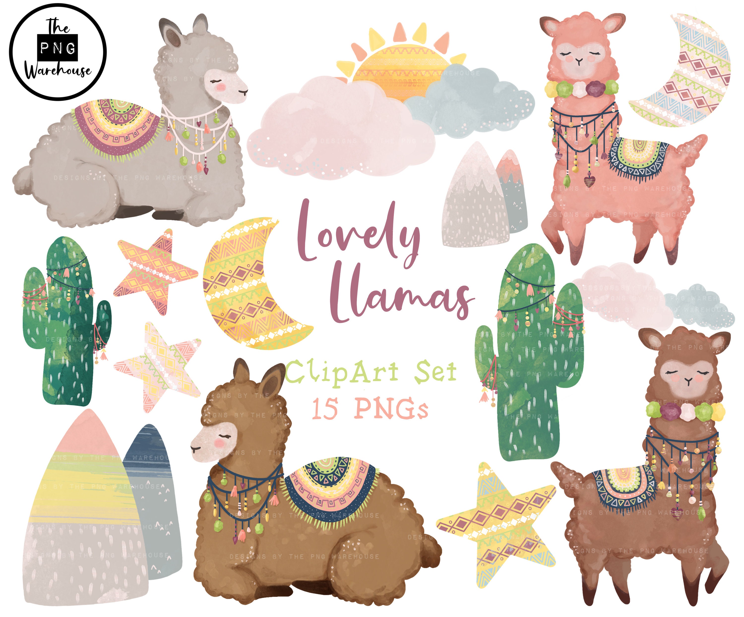LOVELY LLAMAS CLIPART 15 Pngs Instant Download 300dpi - Etsy