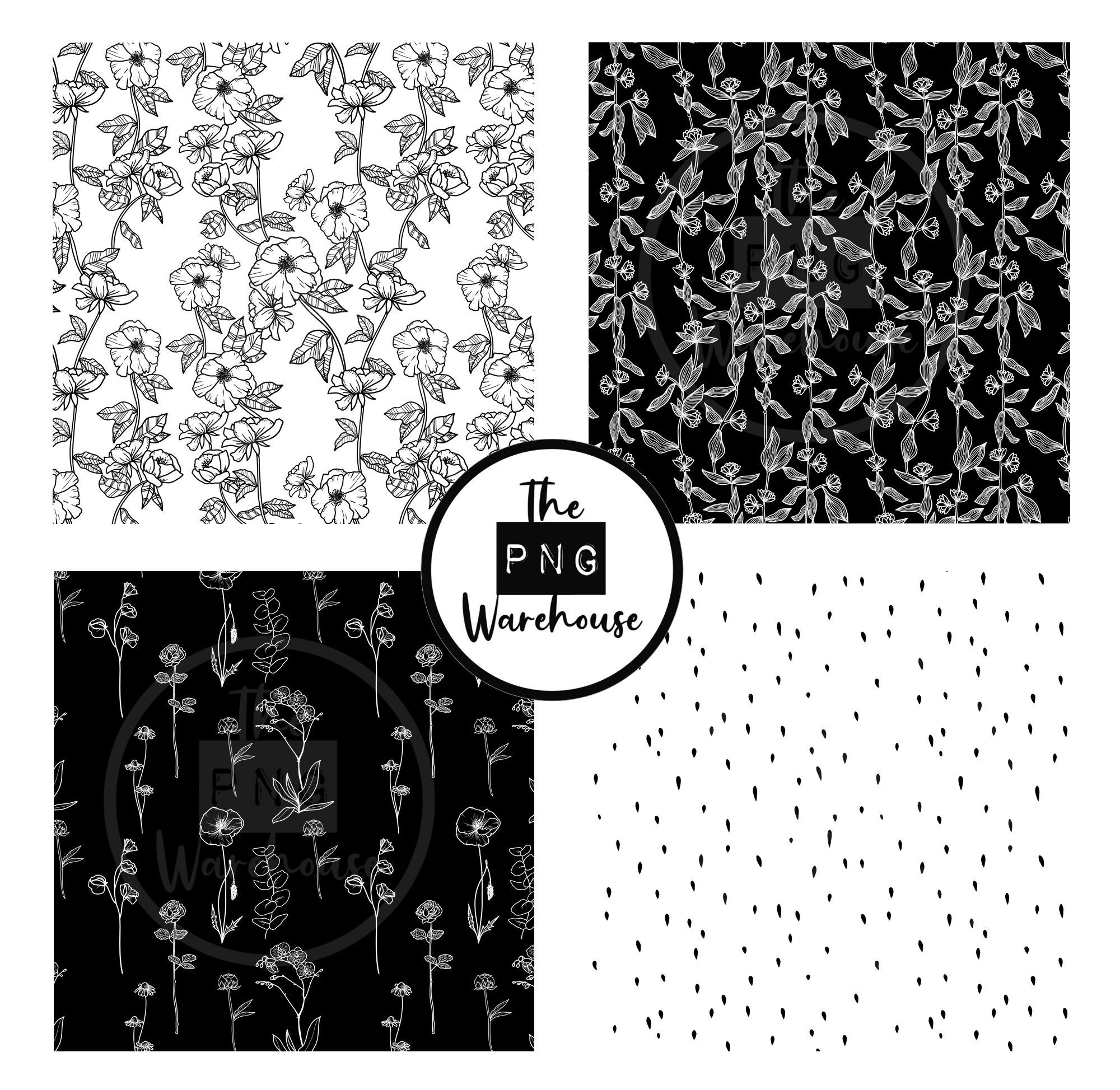 BLACK and WHITE FLORALS - Digital Paper Pack - 12 Jpegs - Instant ...
