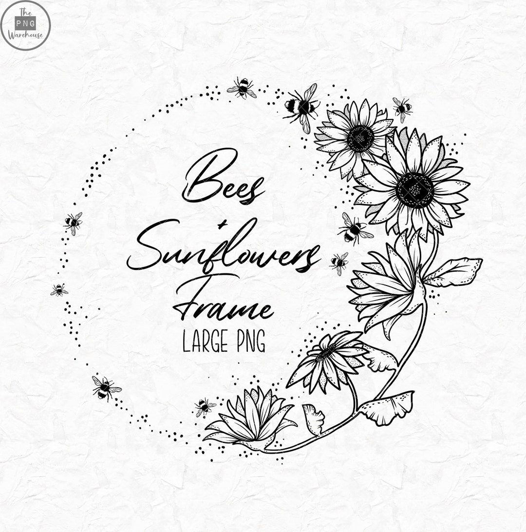 BEES + SUNFLOWERS Frame WREATH - Hand Drawn Floral Frame - Very Large ...