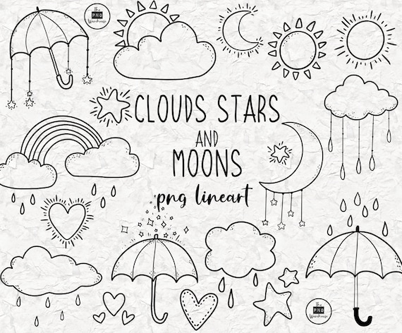 CLOUDS MOON STARS Lineart Elements 17 Png Clip Art Designs - Etsy