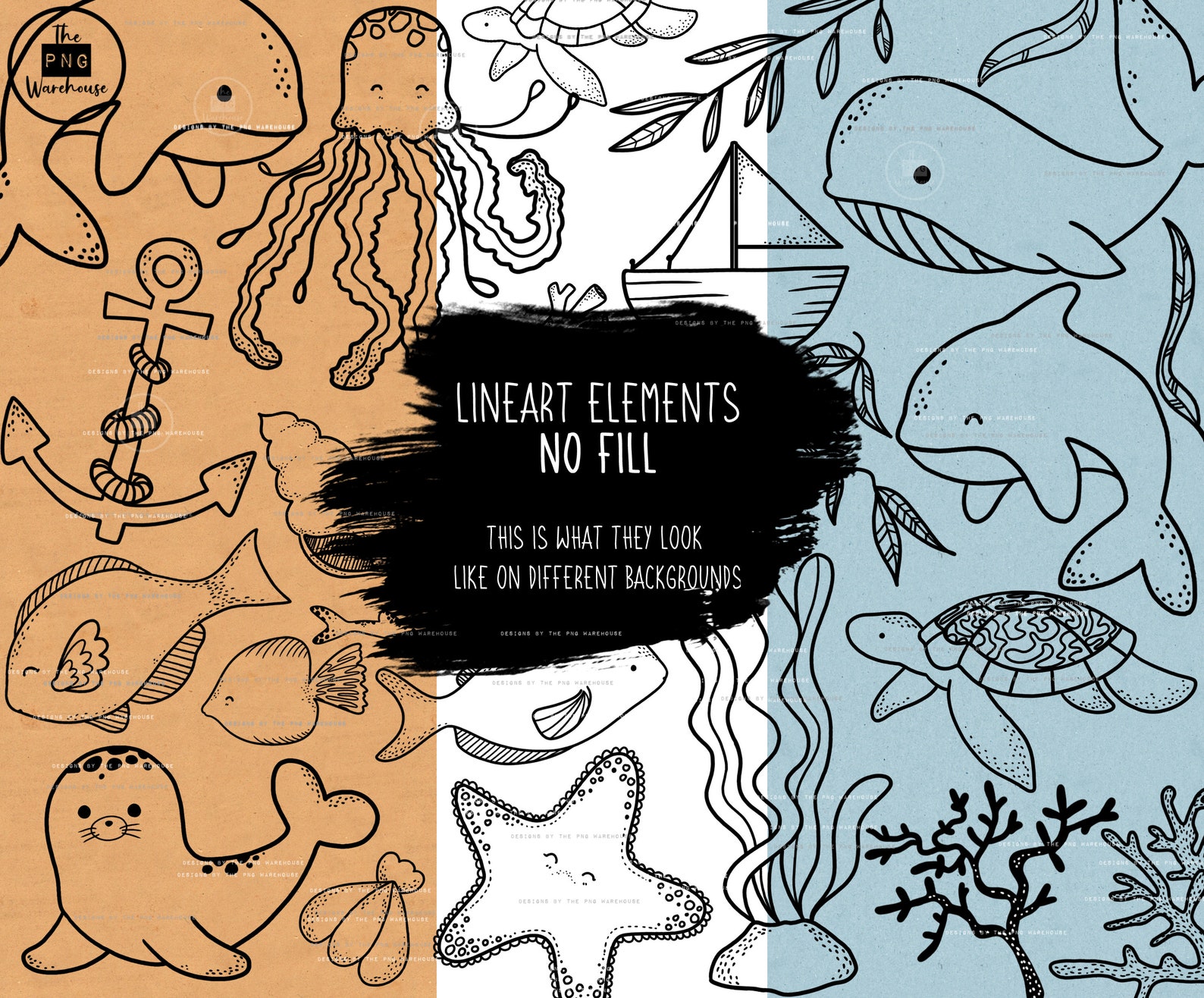 SEA CREATURES Lineart Elements - 24 Png Clip Art Designs - Instant ...