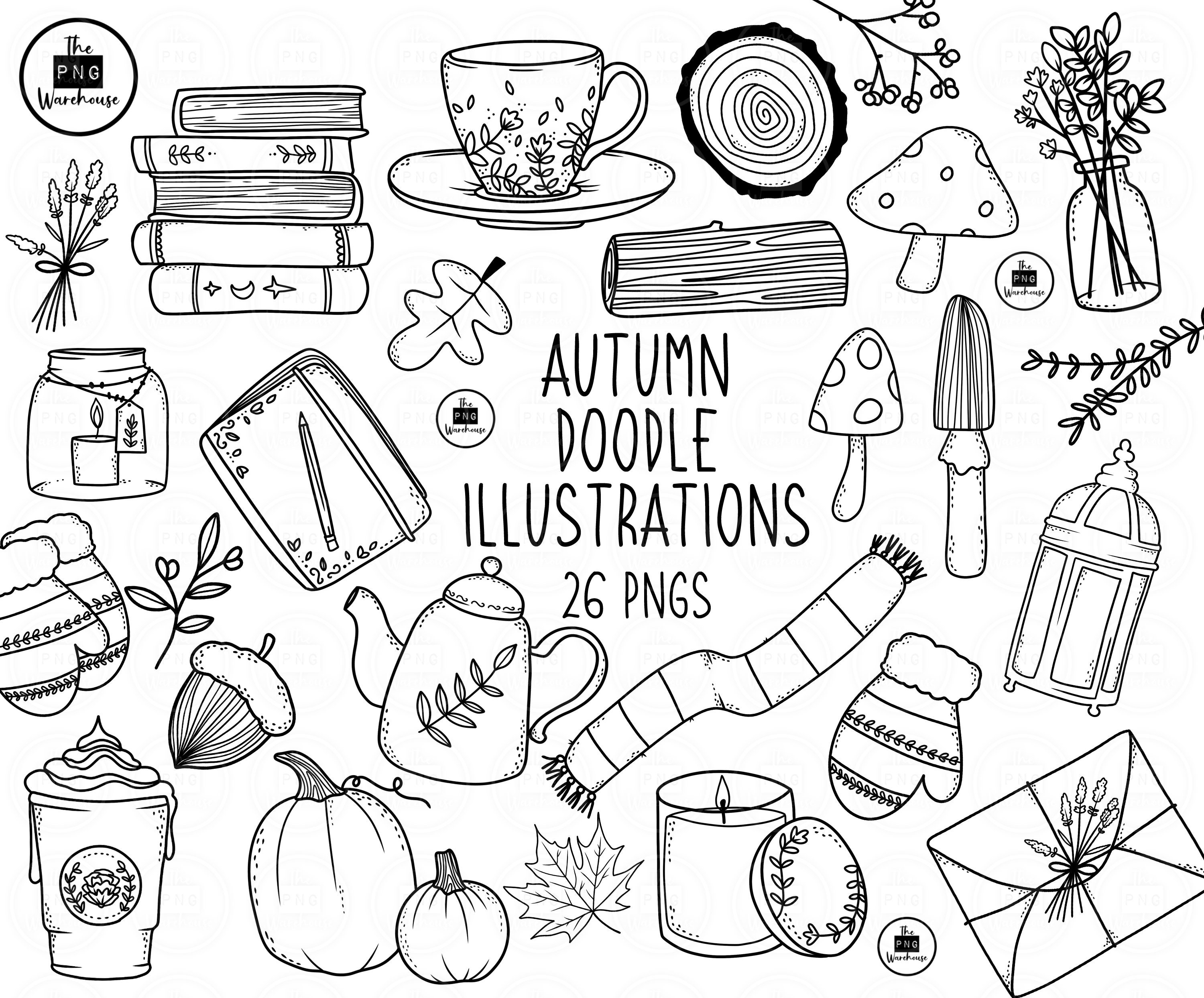 AUTUMN DOODLES Lineart Elements 29 Png Clip Art Designs | Etsy