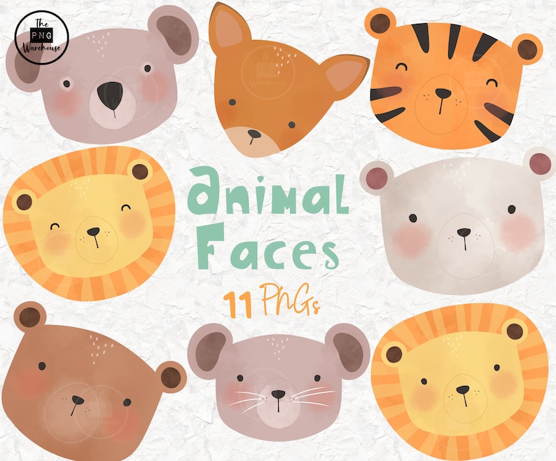 Animal Faces CLIPART 11 Pngs Instant Download 300dpi - Etsy