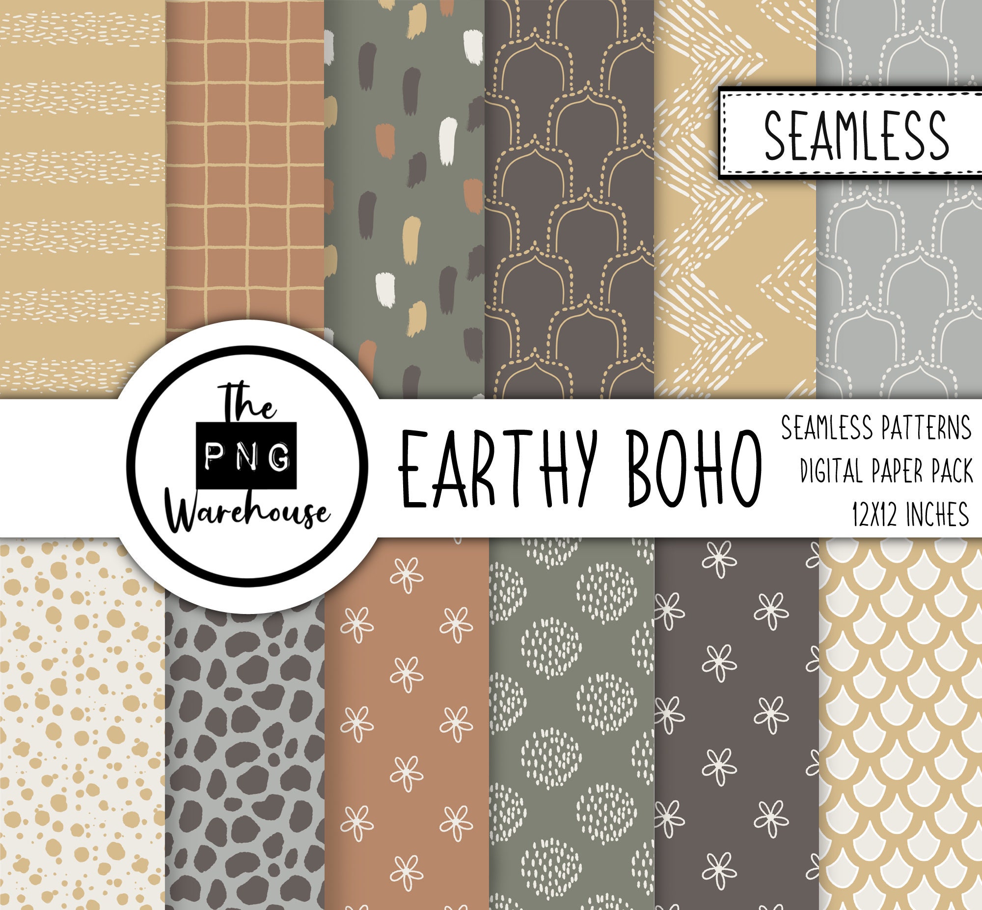 EARTHY BOHO DOODLES Digital Paper Pack 12 Jpegs Instant | Etsy