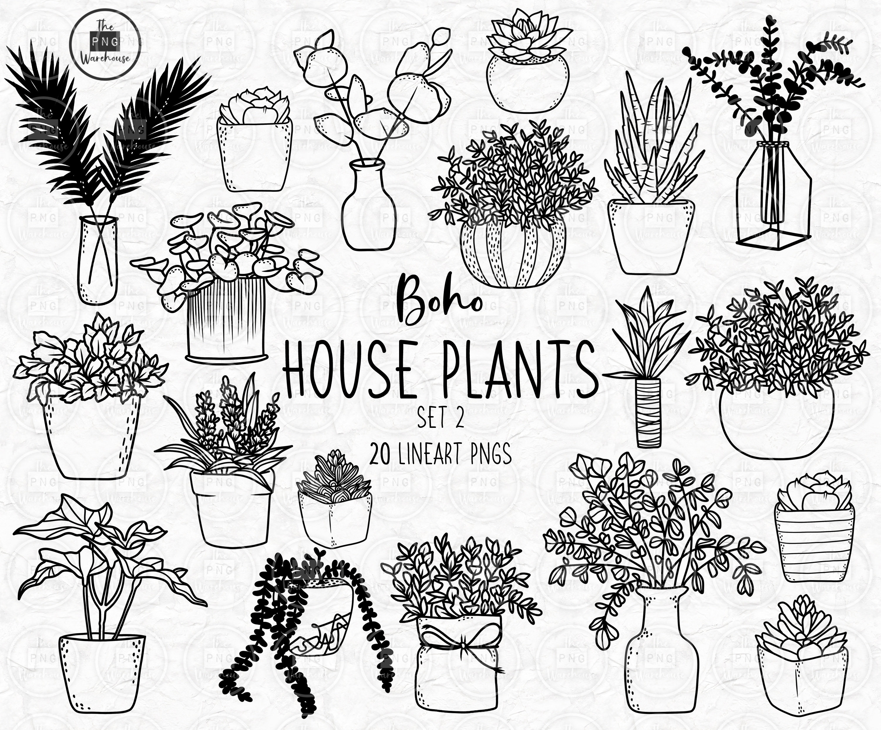 BOHO HOUSE PLANTS Lineart Elements 20 Png Clip Art Designs | Etsy