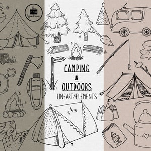 CAMPING + OUTDOORS Lineart Elements - 23 Png Clip Art Designs - Instant ...