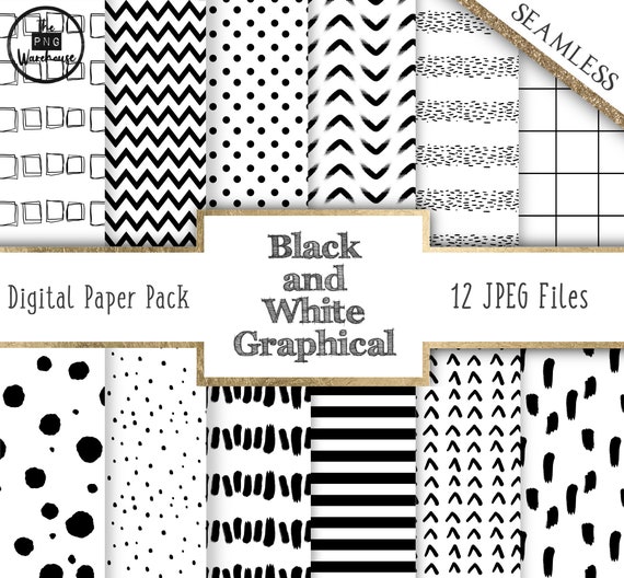 BLACK and WHITE GRAPHICAL Digital Paper Pack 12 JPegs | Etsy