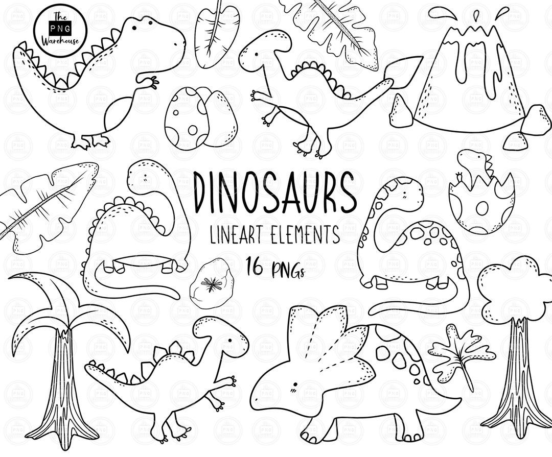 DINOSAURS Lineart Elements - 23 Png Clip Art Designs - Instant Download ...