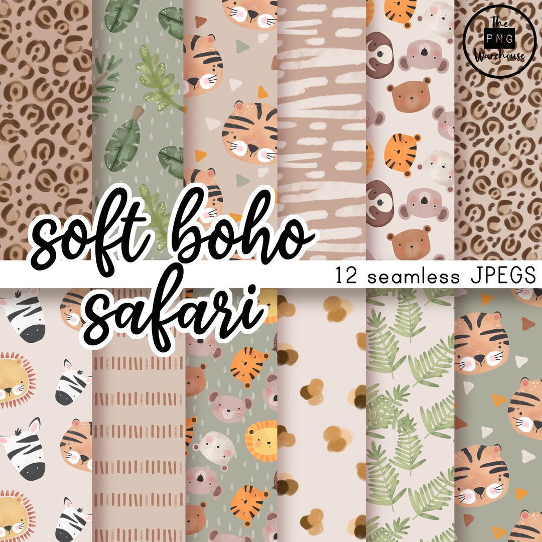 SOFT BOHO SAFARI Animals - Seamless Digital Paper Pack - 12 Jpegs ...