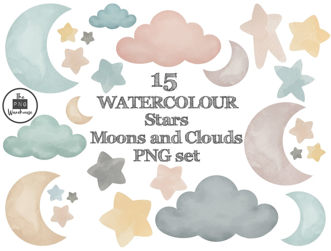 15 WATERCOLOUR CLOUDS MOONS Stars and More - 15 Png Clip Art Designs ...