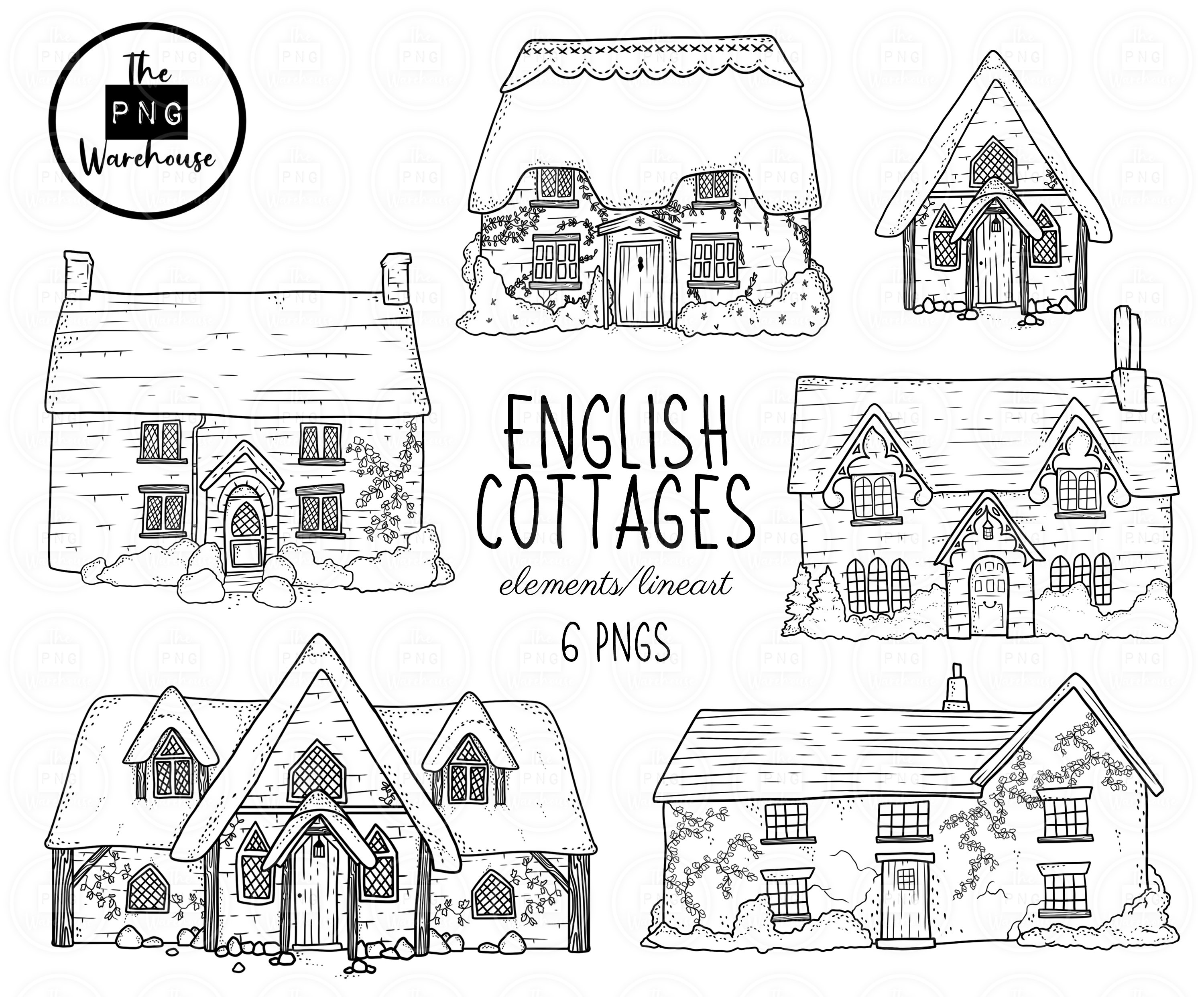 ENGLISH COTTAGES Lineart Elements 6 Png Clip Art Designs - Etsy