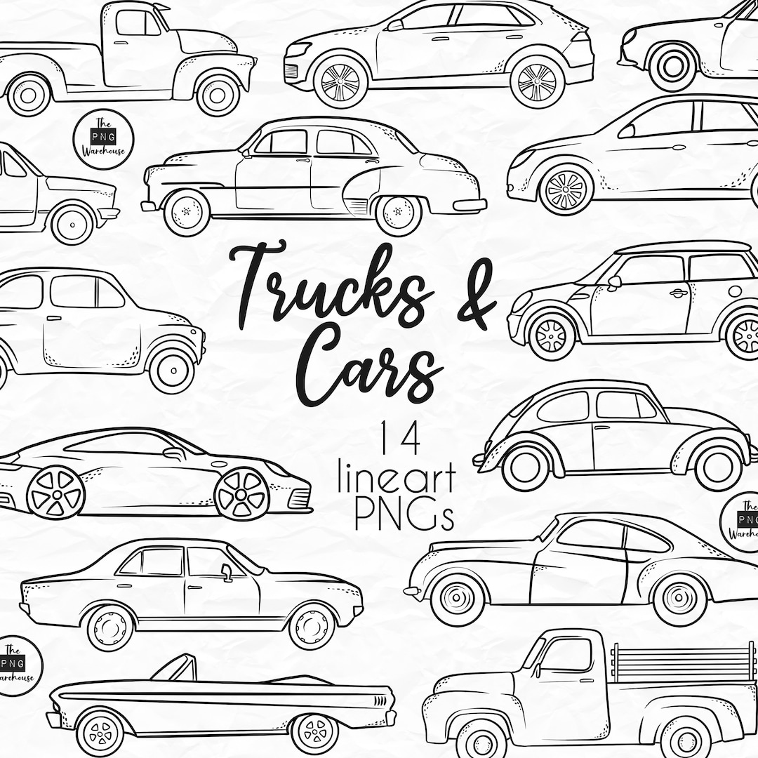 CARS and TRUCKS Lineart Elements - 14 Png Clip Art Designs - Instant ...