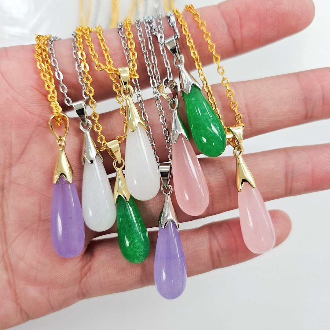 Simple Green, Purple, White, or Pink Jade Teardrop Necklace - Etsy