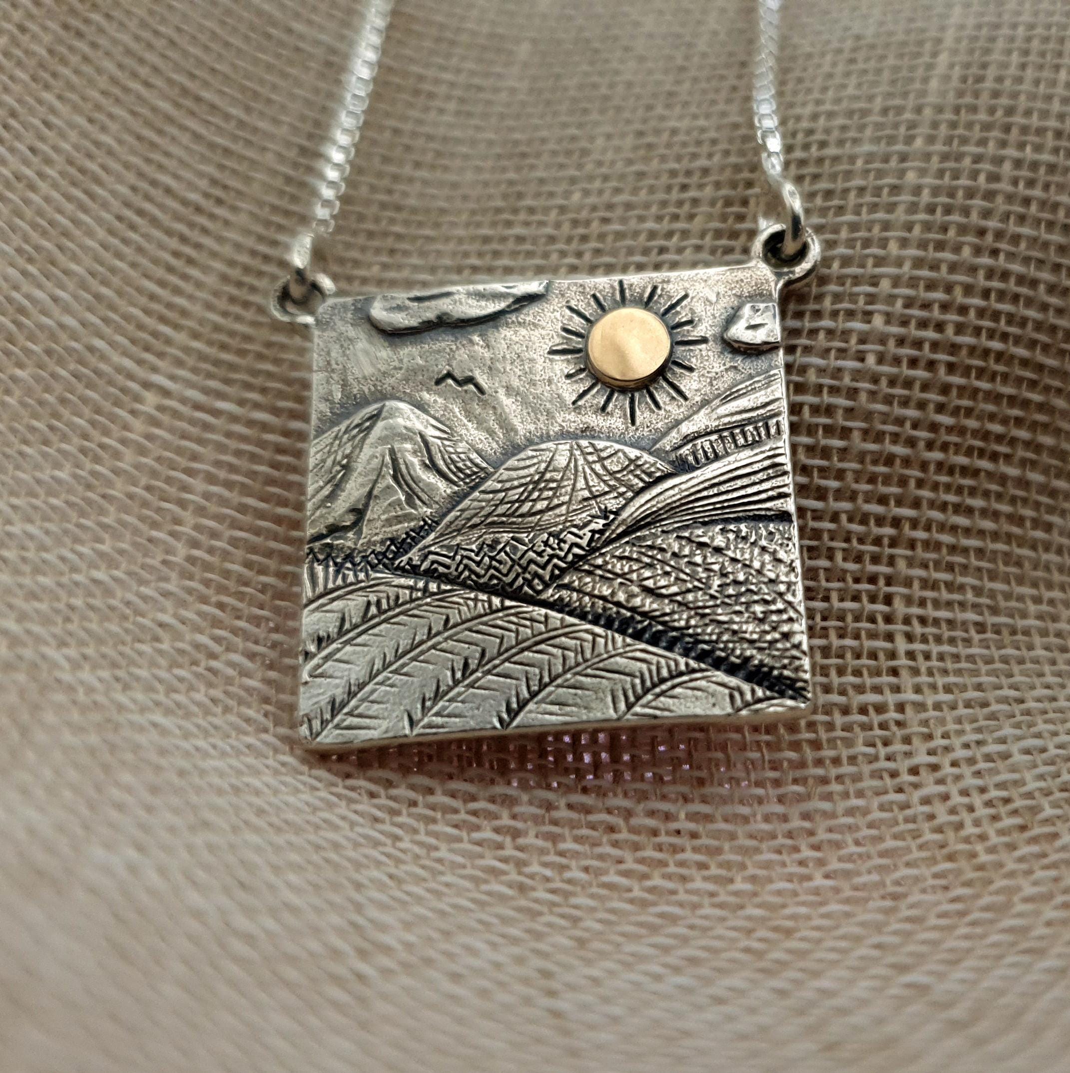 Hikers Mountain Amulet, Sterling Silver Pendant With 9k Gold Sun ...