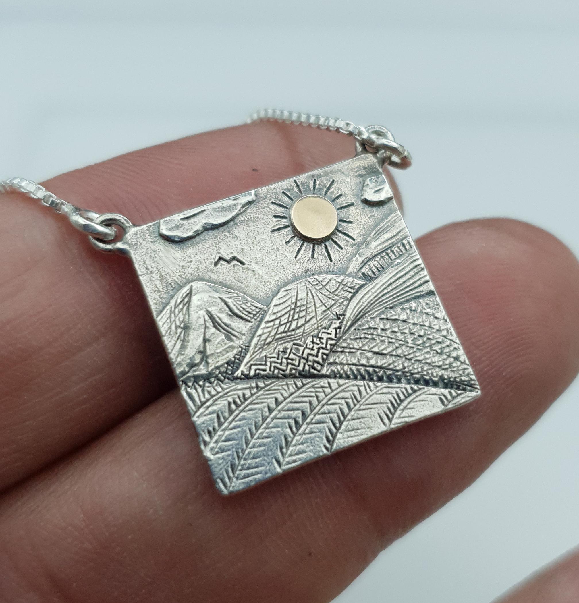 Hikers Mountain Amulet, Sterling Silver Pendant With 9k Gold Sun ...