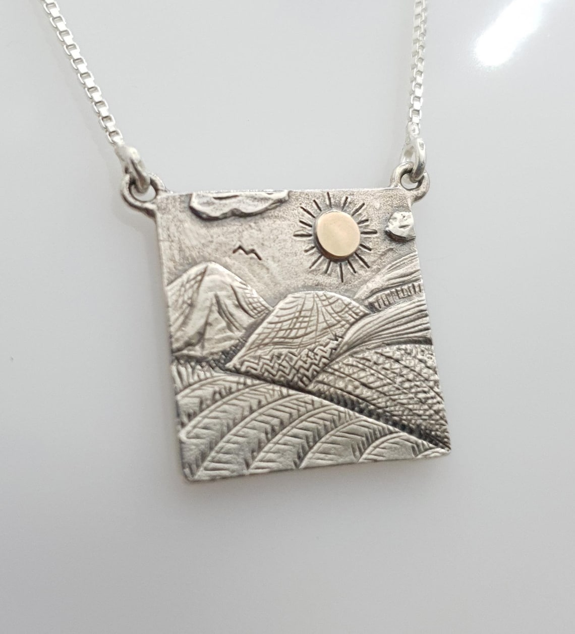 Hikers Mountain Amulet, Sterling Silver Pendant With 9k Gold Sun ...