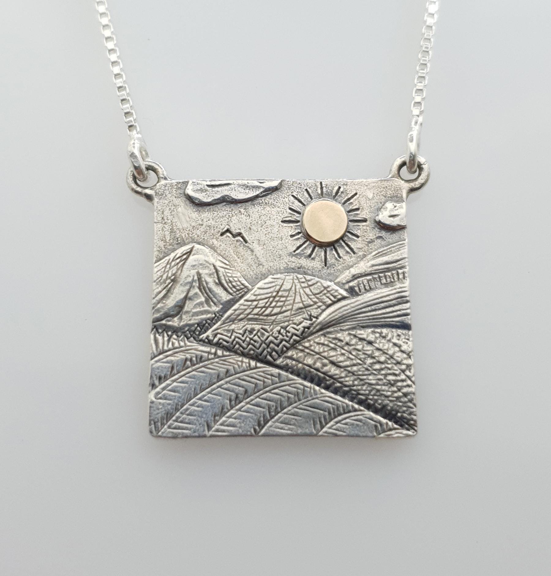 Hikers Mountain Amulet, Sterling Silver Pendant With 9k Gold Sun ...