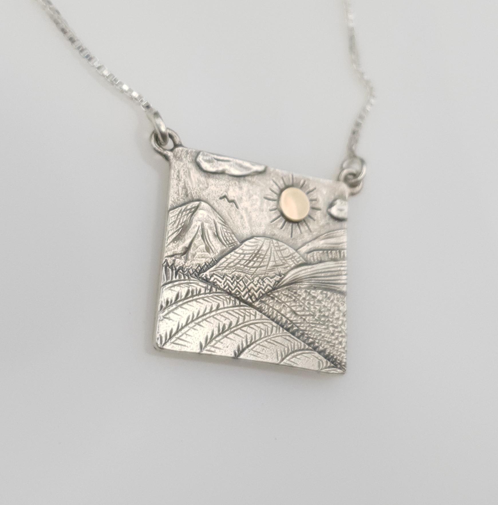 Hikers Mountain Amulet, Sterling Silver Pendant With 9k Gold Sun ...
