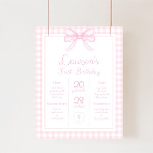 First Birthday Milestone Sign, Pink Gingham Bow Party, Girl 1st ...