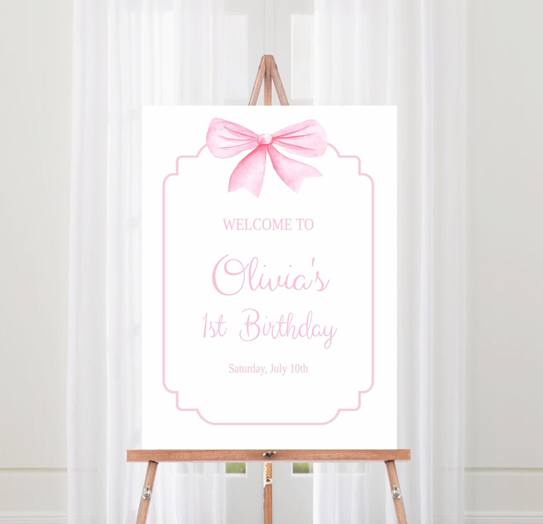 Pink Bow Party Welcome Sign, 1st Birthday Welcome Poster, Girl First ...