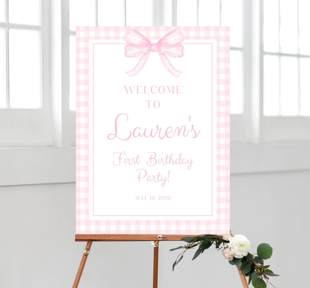 Pink Gingham Birthday Welcome Sign, 1st Birthday Welcome Poster, Girl ...