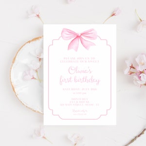 Pink Bow First Birthday Invitation, Girl 1st Birthday Decoration, Pink ...
